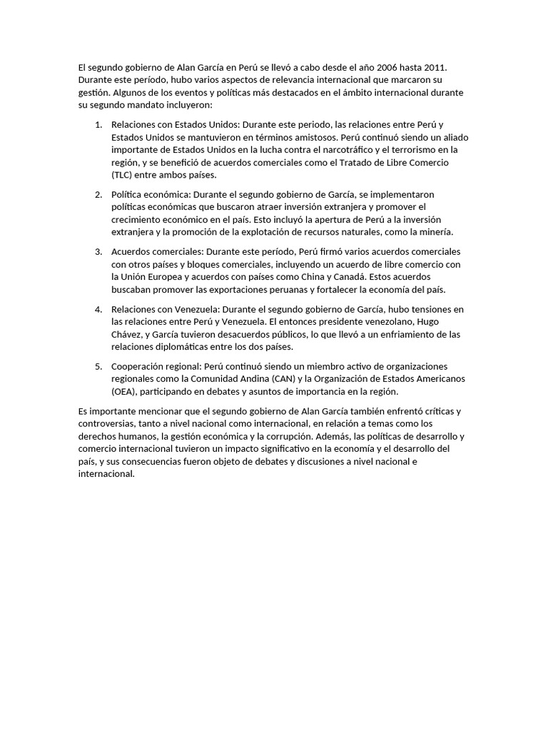 El Segundo Gobierno De Alan García En Perú Se Llevó A Cabo Desde El Año