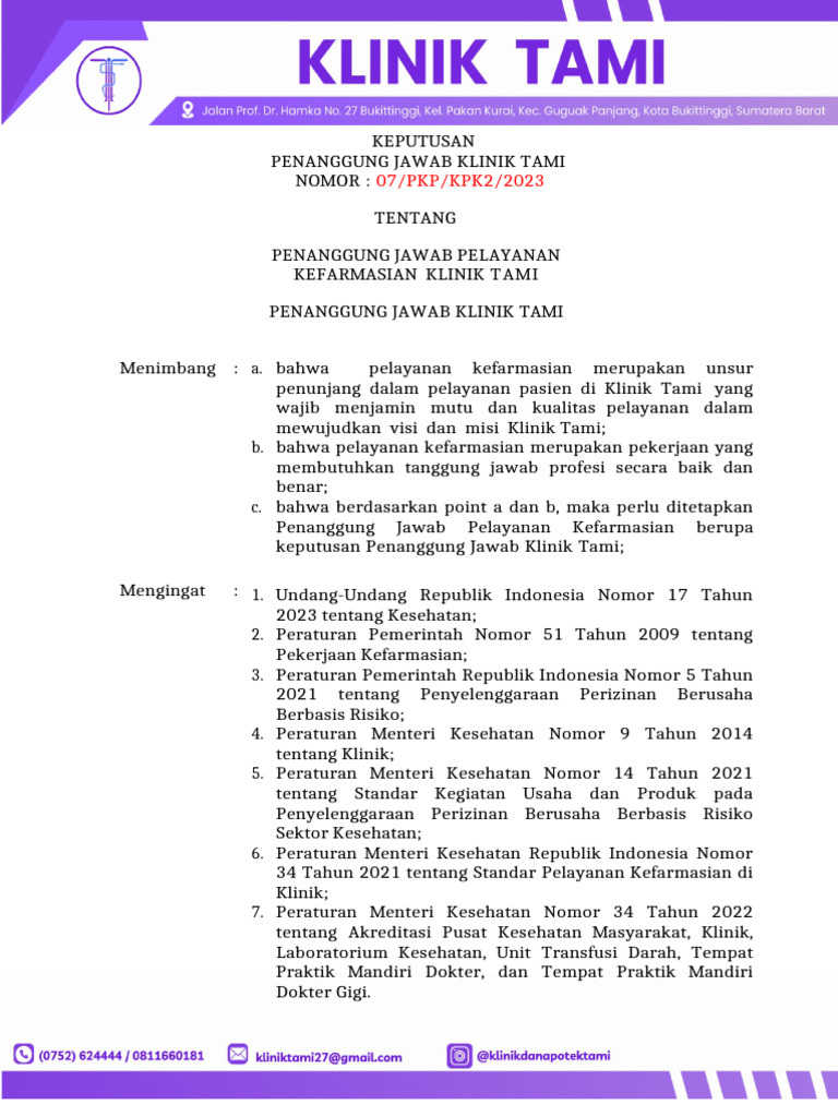 3.15 Ep 1.1 SK Penanggungjawab Pelayanan Kefarmasian Klinik Tami | PDF