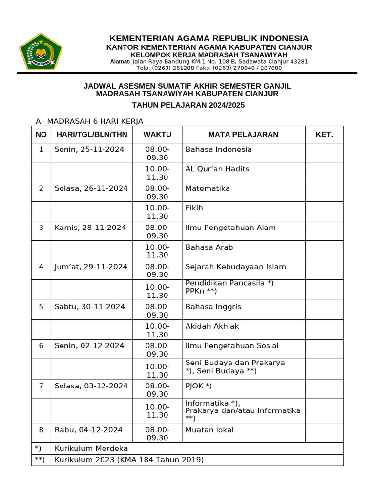 Jadwal ASAS KKMTs 2024-2025 | PDF
