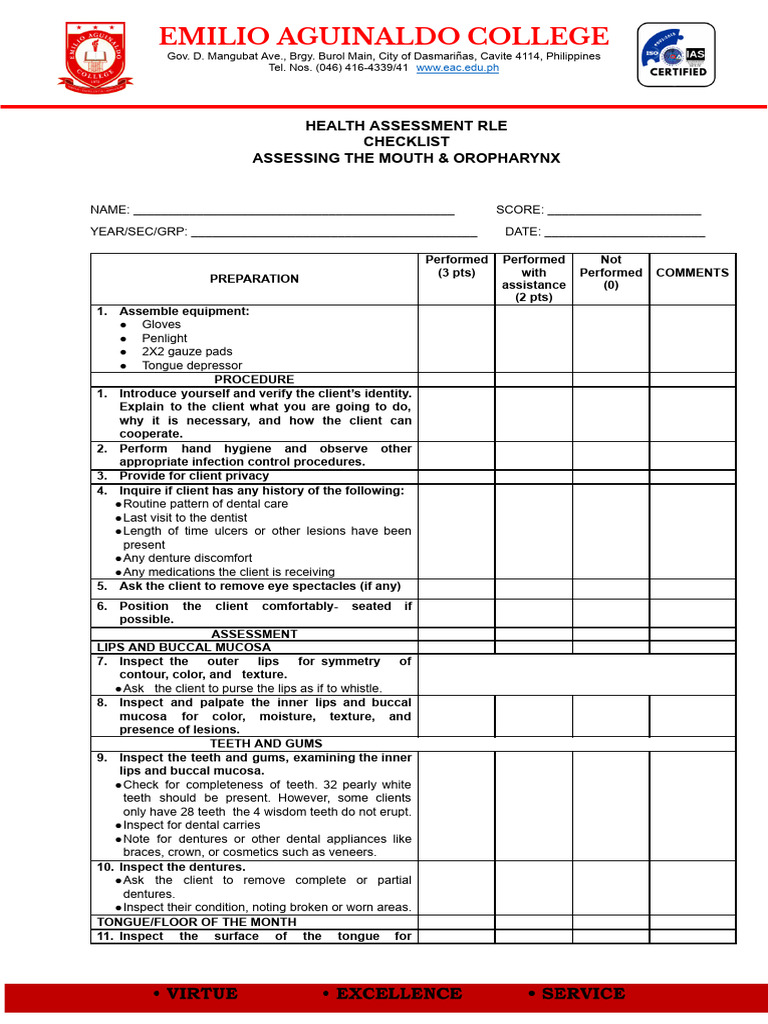 Ha Checklist 17 Assessing The Mouth and Oropharynx | PDF | Tongue ...