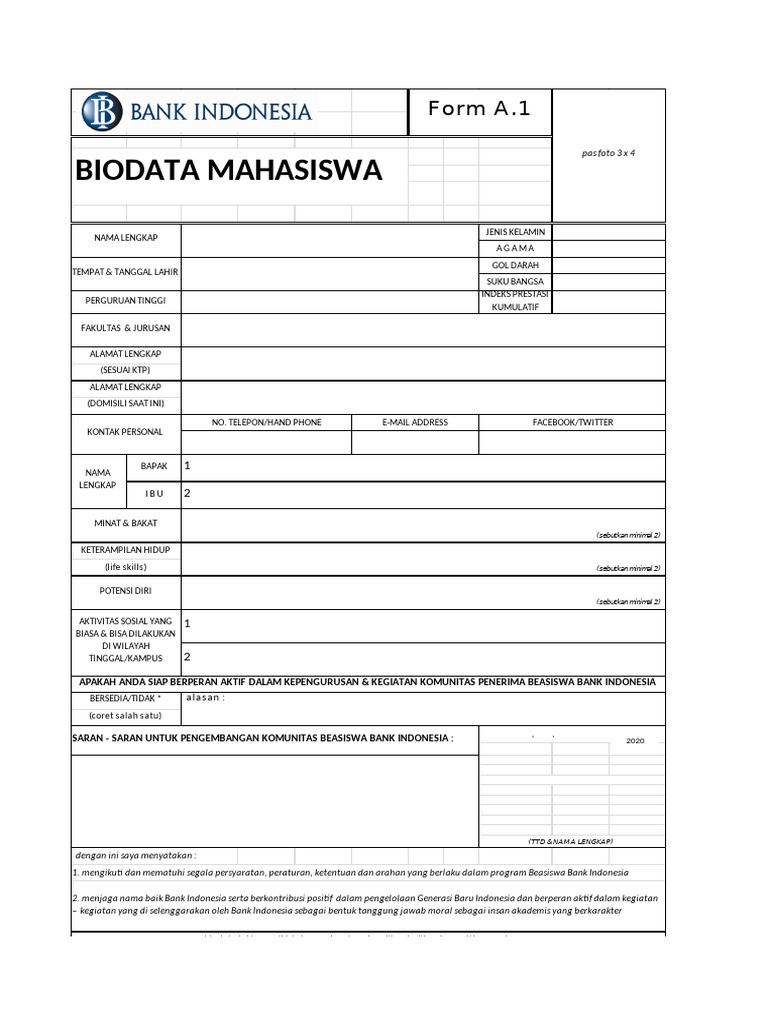 Formulir Biodata Beasiswa Bank Indonesia | PDF
