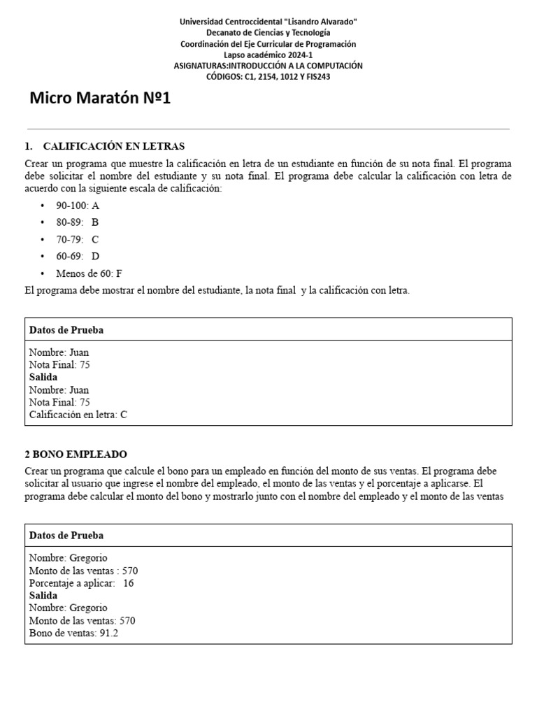 Ejercicios Micro Maratón 1 | PDF | Informática