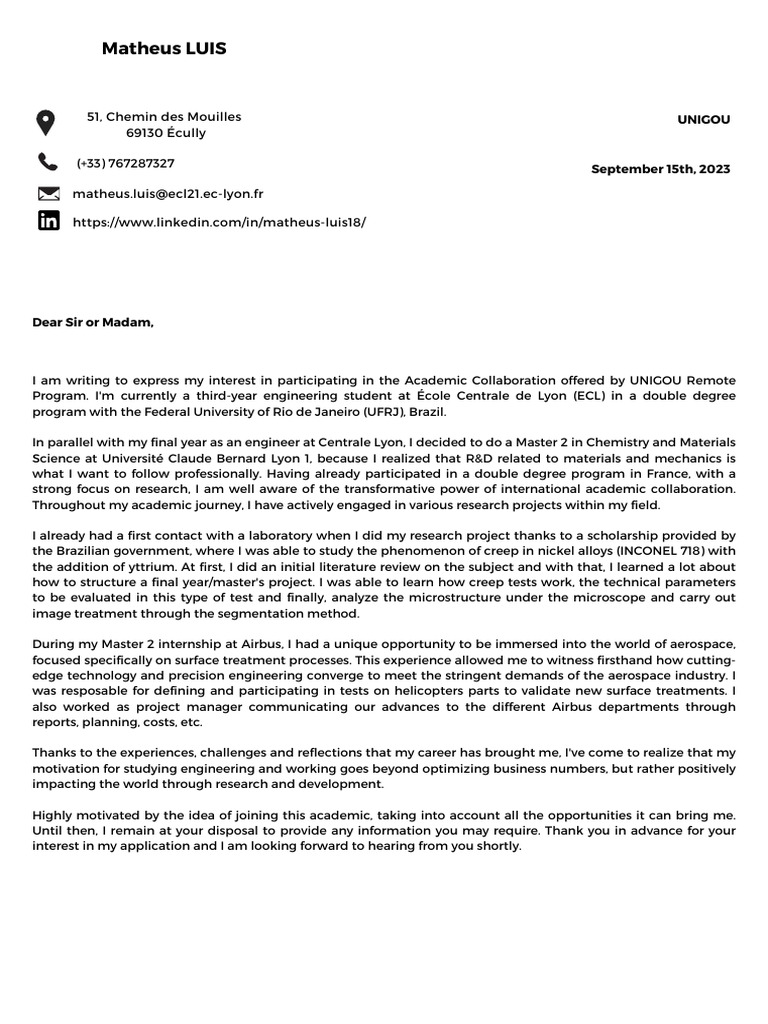 Motivational Letter | PDF | Science