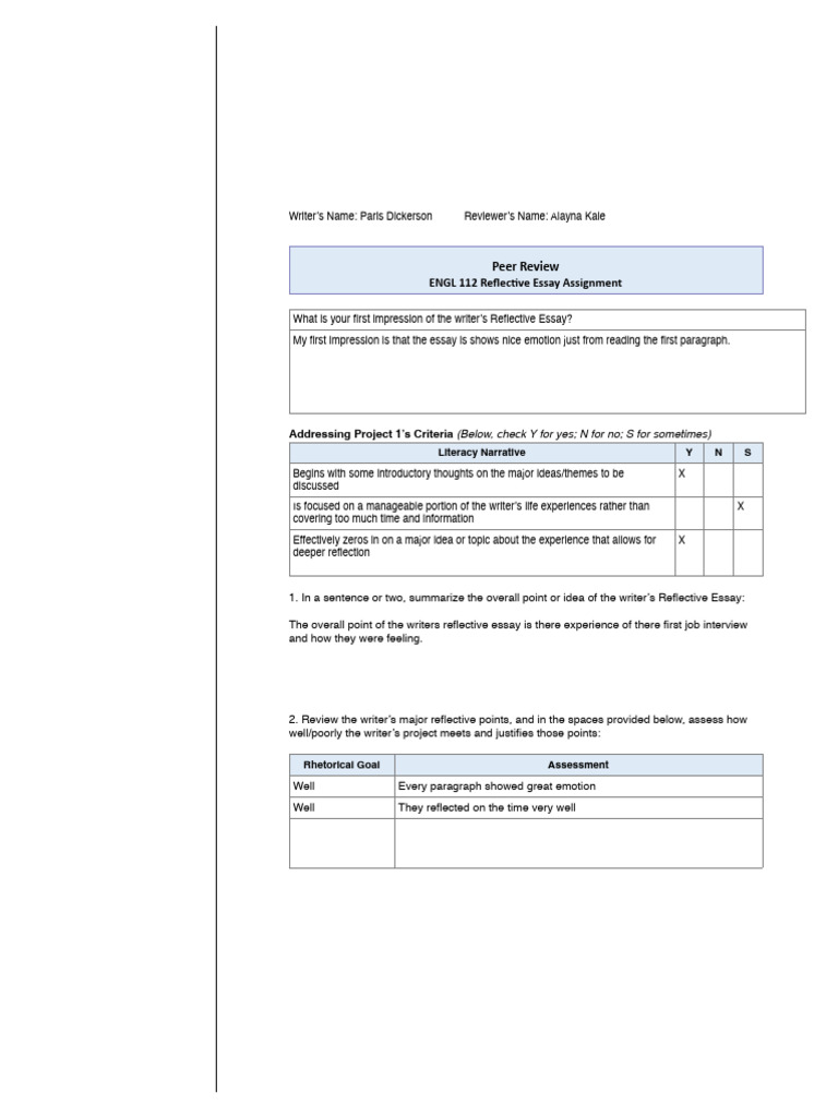 ENGL 112 Reflective Essay I Peer Review Sheet | PDF | Essays | Writing