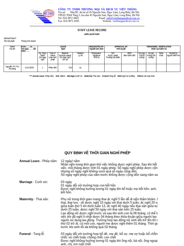 Annual Leave Record Viet Thang-mẫu update 21.2.19 | PDF