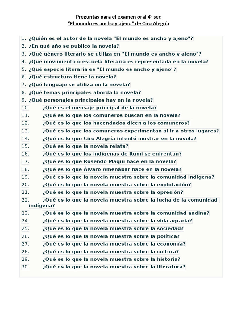 Preguntas para El Examen Oral 4° Sec 2024 | PDF