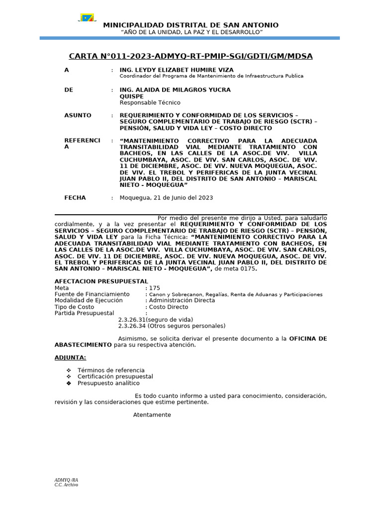 Carta 011 SCTR - Pensión, Salud y Vida Ley | PDF