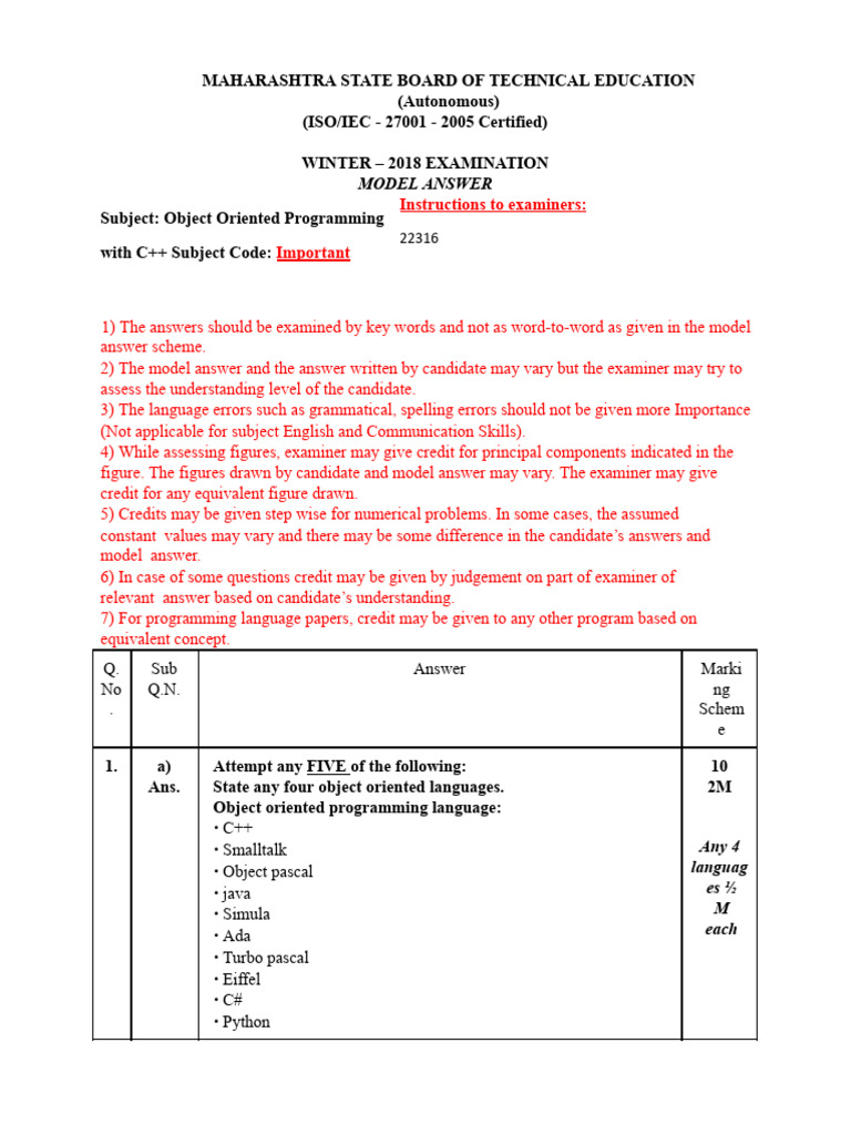 OOP Exam Model Answer Guide | PDF | Class (Computer Programming) | C++