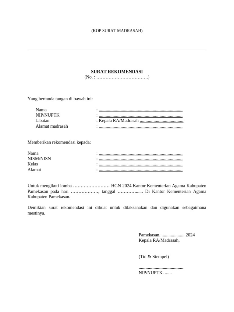 Surat Rekomendasi Kamad | PDF
