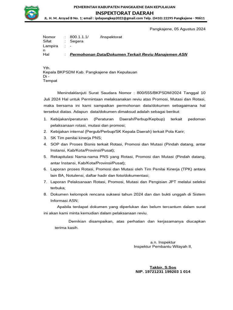 Surat Permintaan Data Reviu Manajemen ASN | PDF