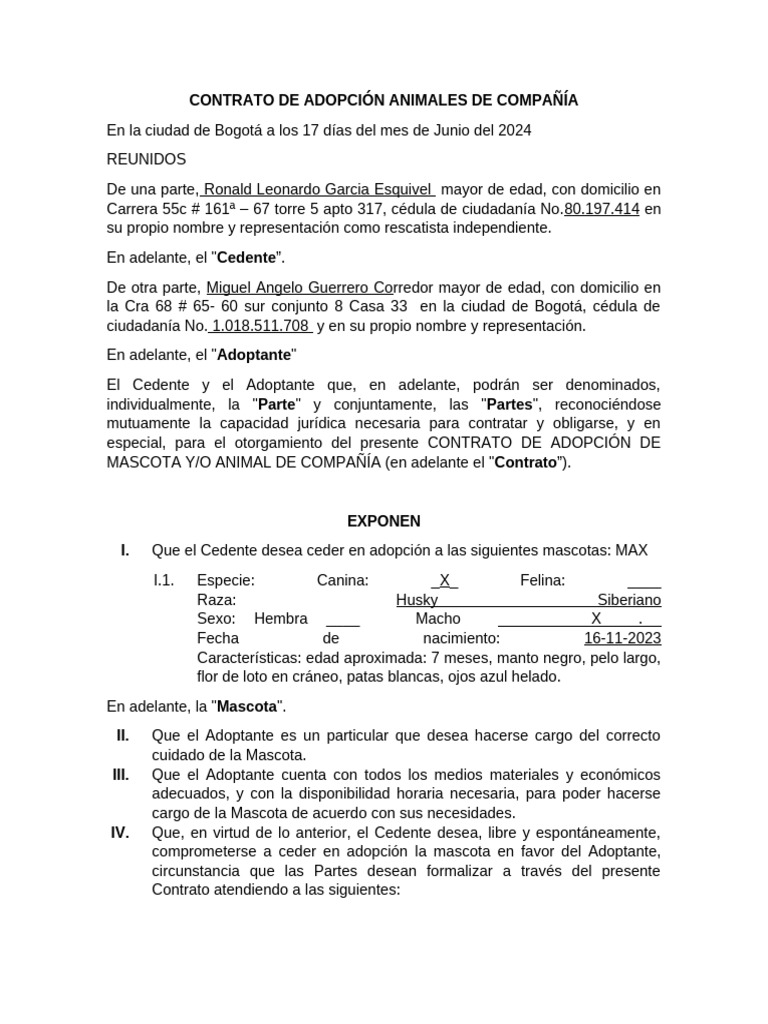 CONTRATO DE ADOPCIÓN ANIMALES DE COMPAÑÍA (1 Animal) | PDF | Adopción | Mascota