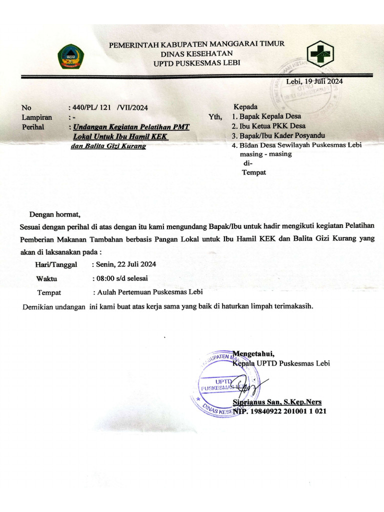 Surat Undangan Kegiatan Pelatihan PMT Lokal | PDF