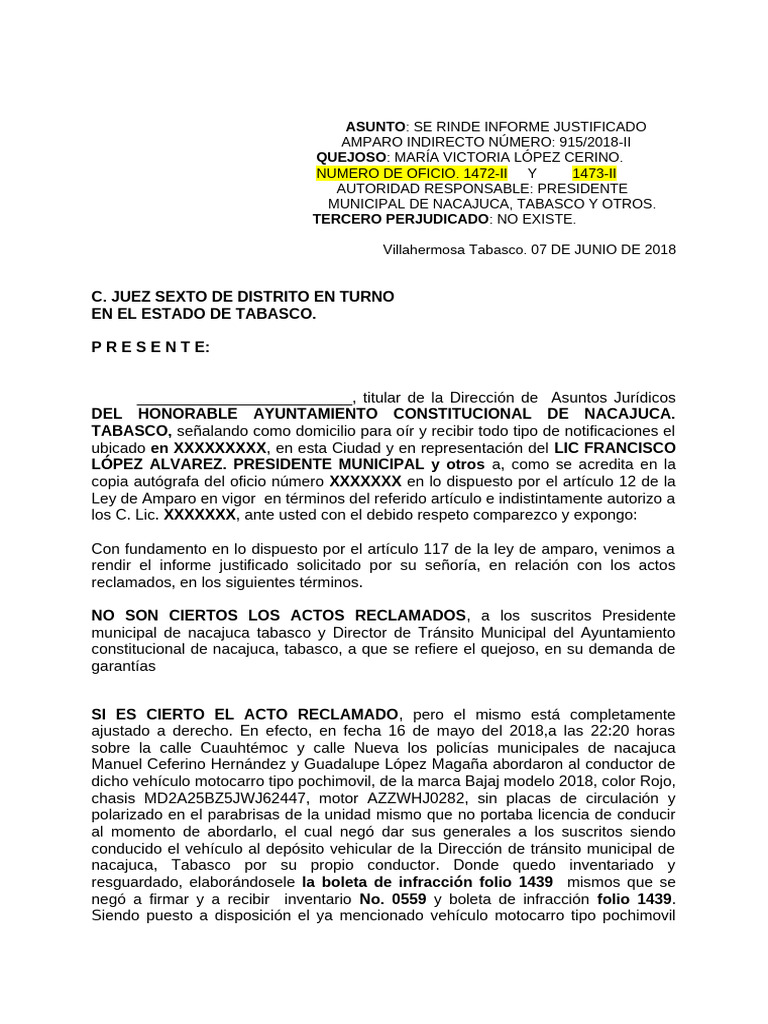Informe Justificado Amparo Indirecto 915 | PDF | Tráfico | Gobierno