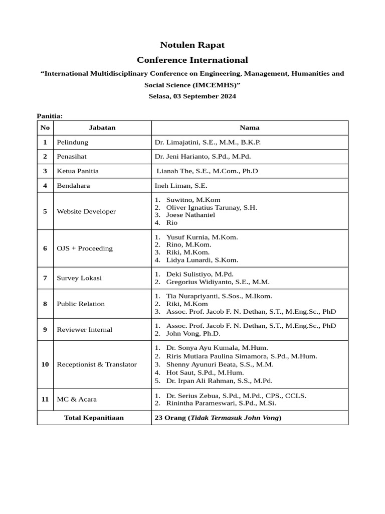 Notulen Rapat Conference International - 03082024 | PDF