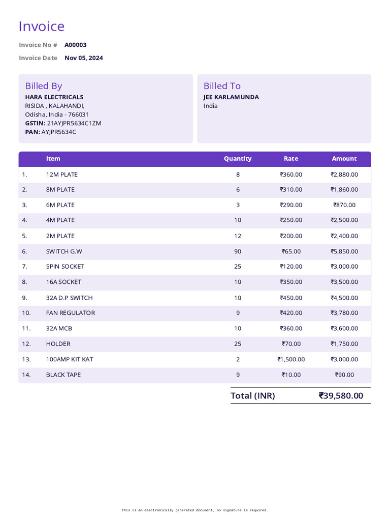 Invoice A00003 Hara Electricals Jee Karlamunda | PDF