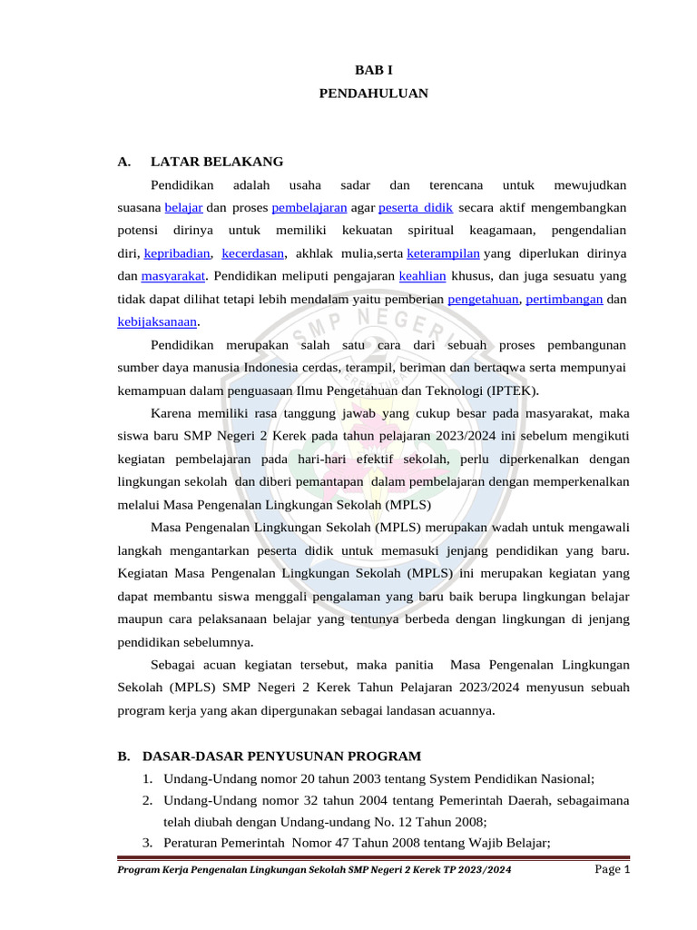 Program MPLS SMP Negeri 2 Kerek 2023/2024 | PDF