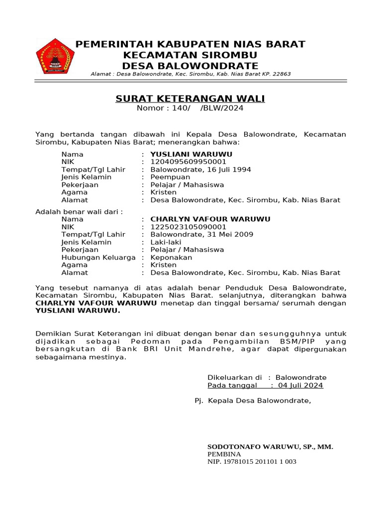 Surat Keterangan Wali | PDF