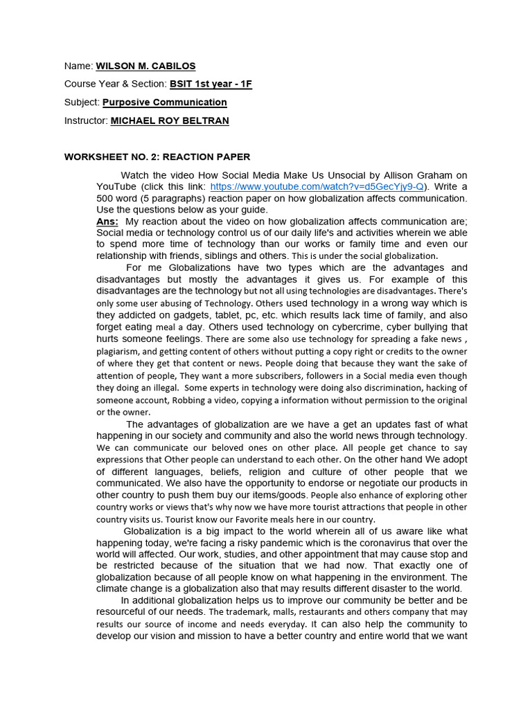 Learning Task No.2 - Lesson 2 - Purposive Comm | PDF | Globalization | Social Media
