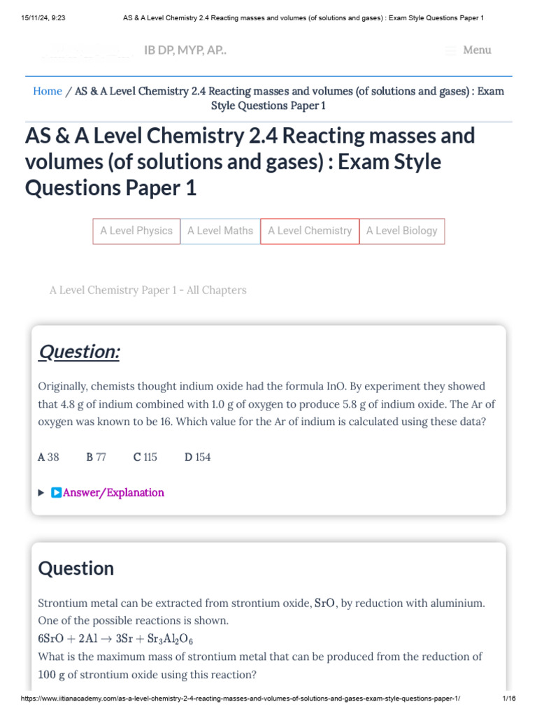 Reacting Masses and Volumes (Of Solutions and Gases) - Exam Style ...
