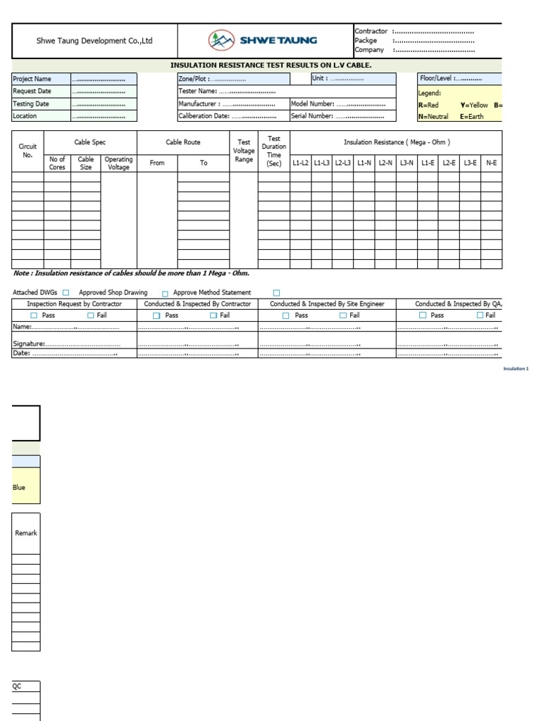 Insulation Resistance Test Results On L.V Cable 1 | PDF | Electrical ...