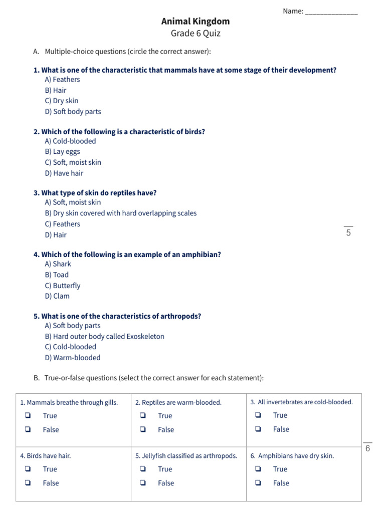 Grade 6 Animal Kingdom Quiz | PDF | Skin | Amphibian