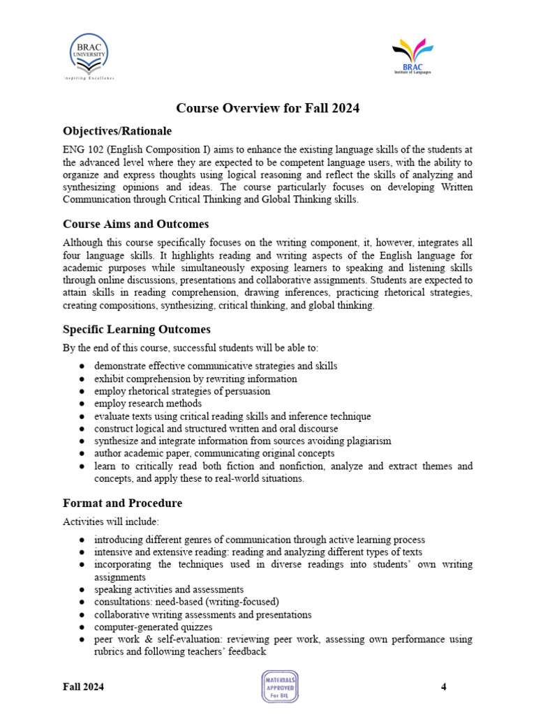 FALL2024 - ENG102 Course Overview | PDF | Reading Comprehension | Learning