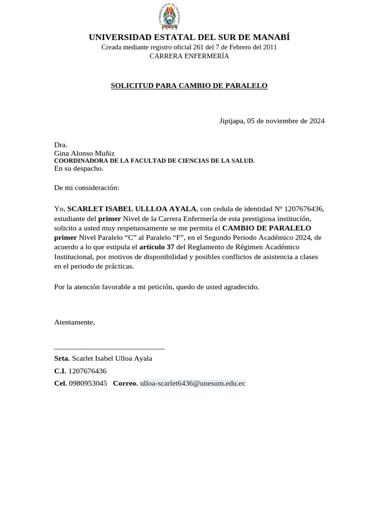 Solicitud de Cambio de Paralelo en Enfermería | PDF