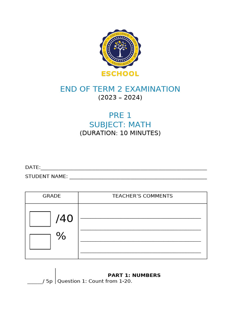 Pre 1 Term 2 - Maths Test | PDF