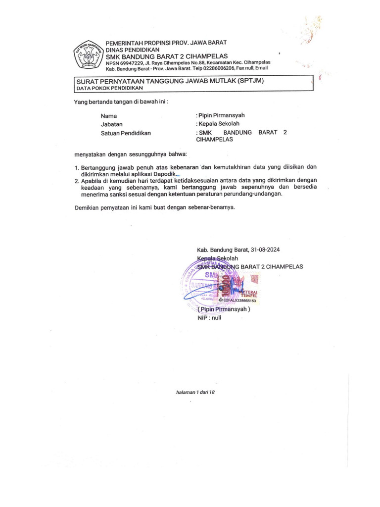 SPTJM SMK Bandung Barat 2 Cihampelas | PDF