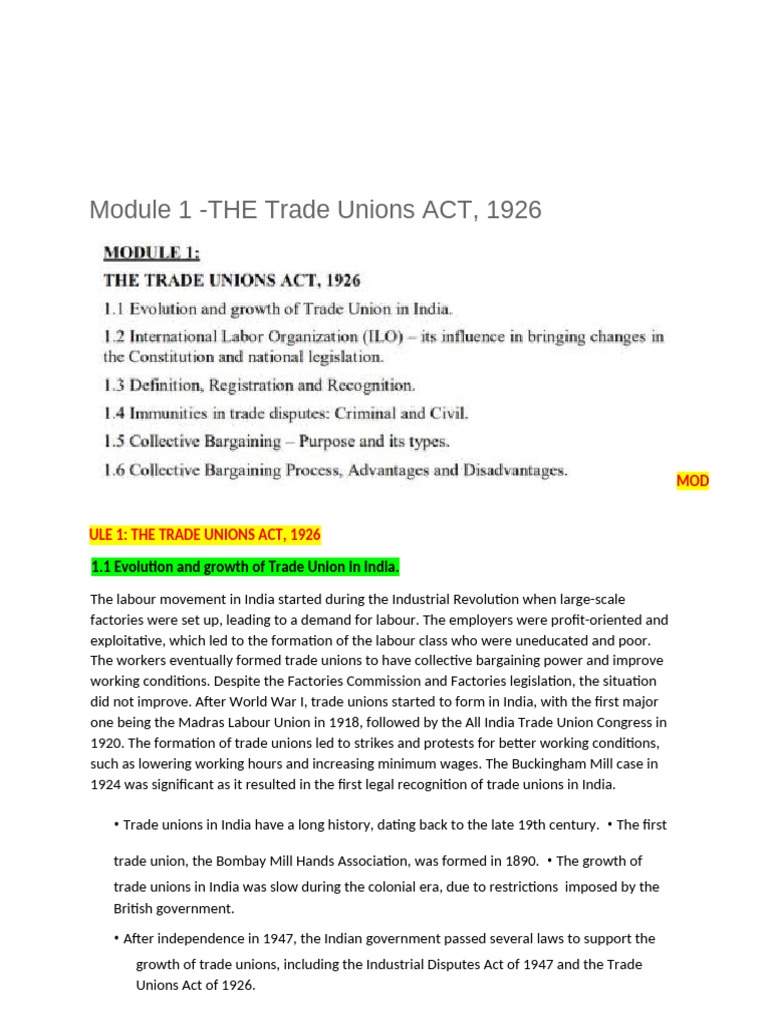 Module 1 THE Trade Unions ACT 1926 | PDF | International Labour ...