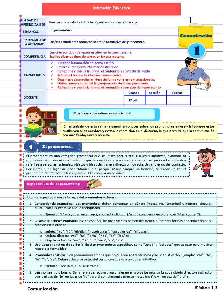 1º Sec. Comun. Ficha de Actv 02.1-2024 | PDF | Objeto (gramática) | Pronombre