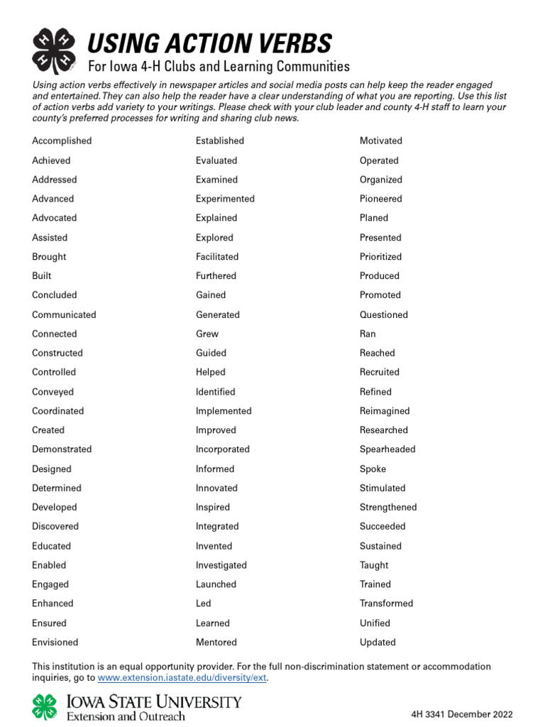 Using Action Verbs: For Iowa 4-H Clubs and Learning Communities | PDF ...