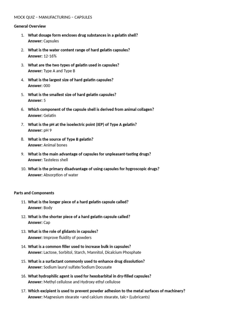 Capsule Manufacturing Quiz Guide | PDF | Pharmaceutical Formulation ...