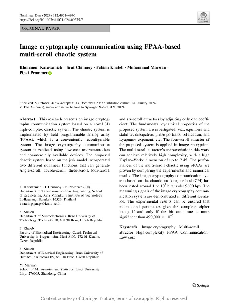 Image Cryptography Communication Using FPAA-based | PDF | Chaos Theory | Encryption