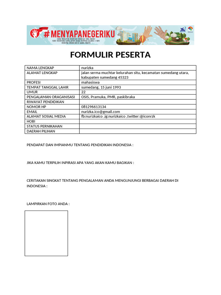 Formulir Peserta Mahasiswa Nurizka | PDF