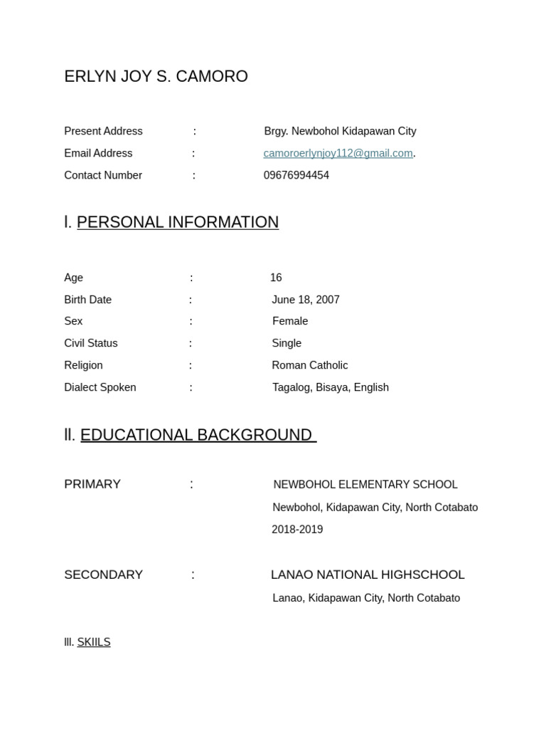 Erlyn Joy S. Camoro: Primary | PDF