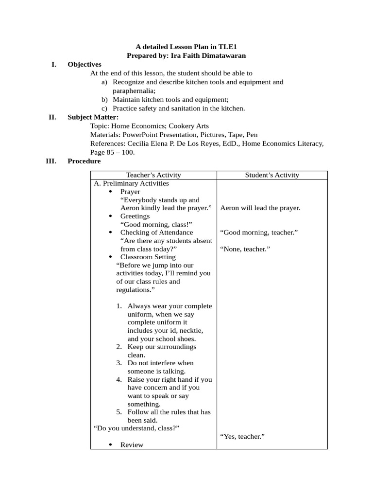 A Detailed Lesson Plan in TLE 1 Cookery Arts | PDF | Kitchen Utensil ...