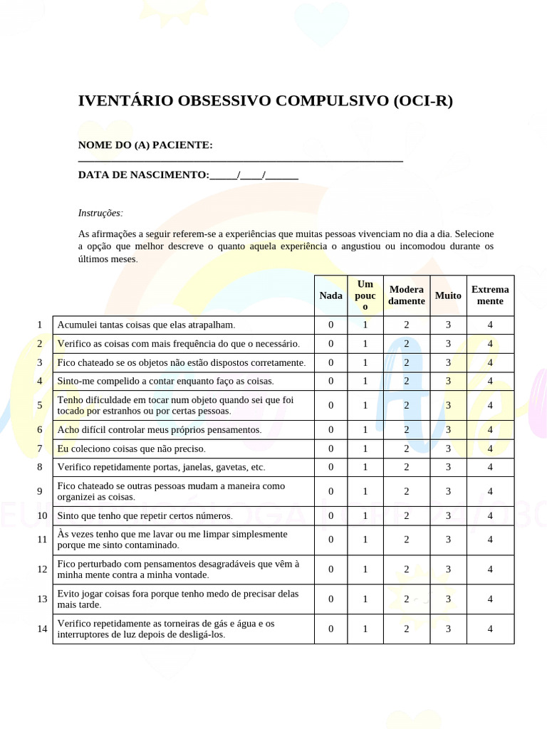 Inventário Obsessivo Compulsivo (Oci) | PDF | Transtorno obsessivo compulsivo (TOC)