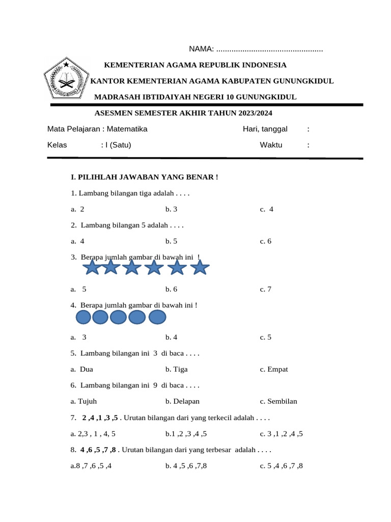 Soal Matematika Kls 1 Kurmer | PDF