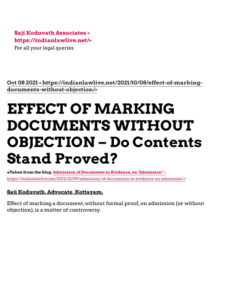 Effect of Marking Documents Without Objection - D | PDF | Evidence (Law ...