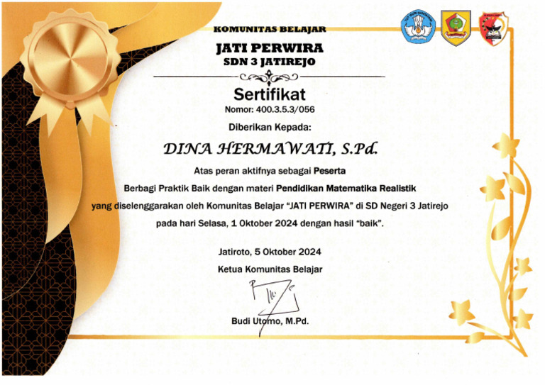 Contoh Sertifikat Peserta Berbagi Praktik Baik | PDF