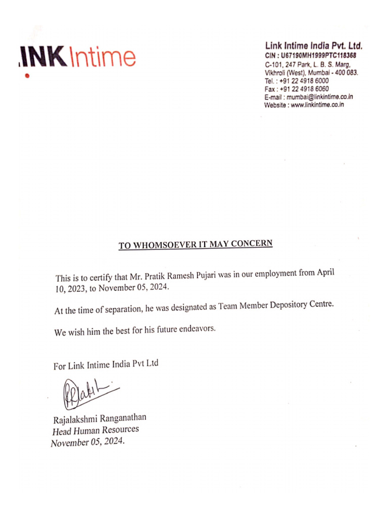 Experience and Relieving Letter Linkintime | PDF