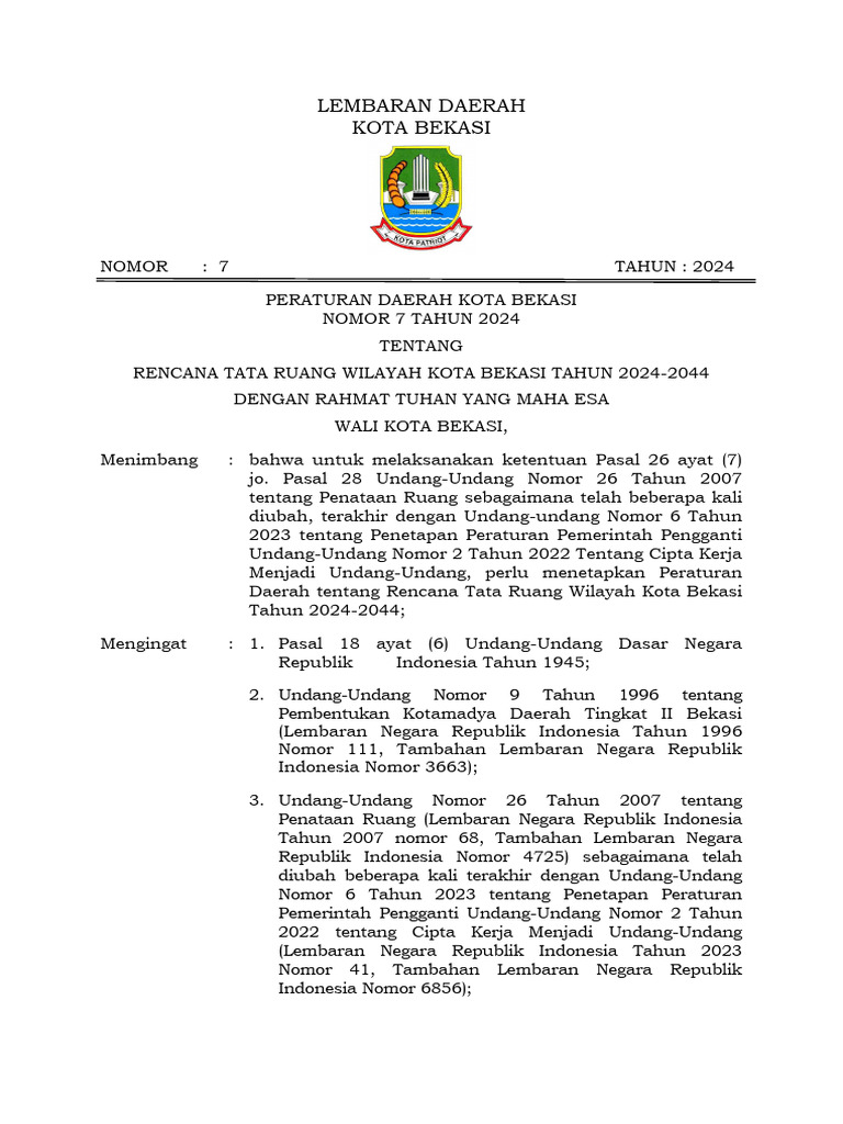 Perda No 7 Tahun 2024 RTRW Kota Bekasi | PDF