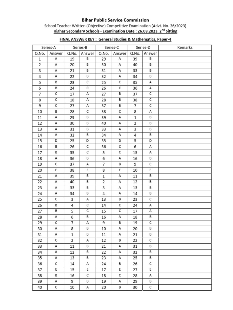 BPSC PGT TRE 1 Final Answer Key 2023 Maths | PDF | Educational Stages | Educational Assessment ...