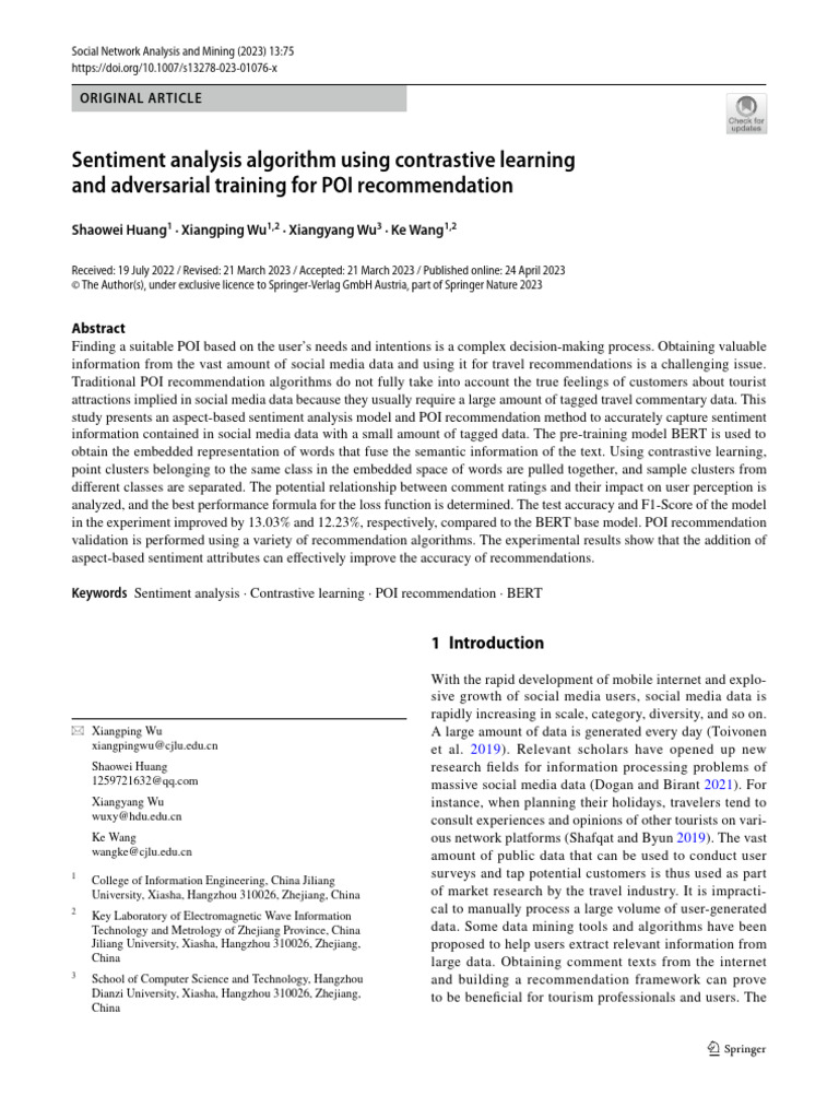 Sentiment Analysis Algorithm Using Contrastive Learning and Adversarial Training For POI ...