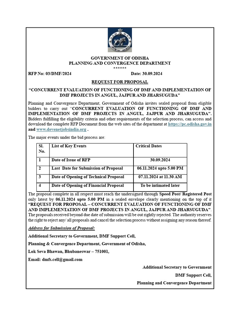 RFP for DMF Project Evaluation in Odisha | PDF | Request For Proposal | Evaluation