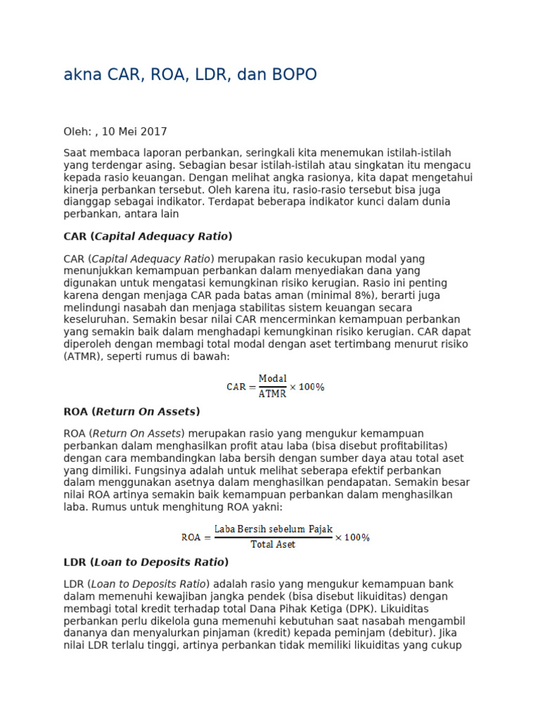 Pengertian Rasio CAR, ROA, LDR, BOPO | PDF