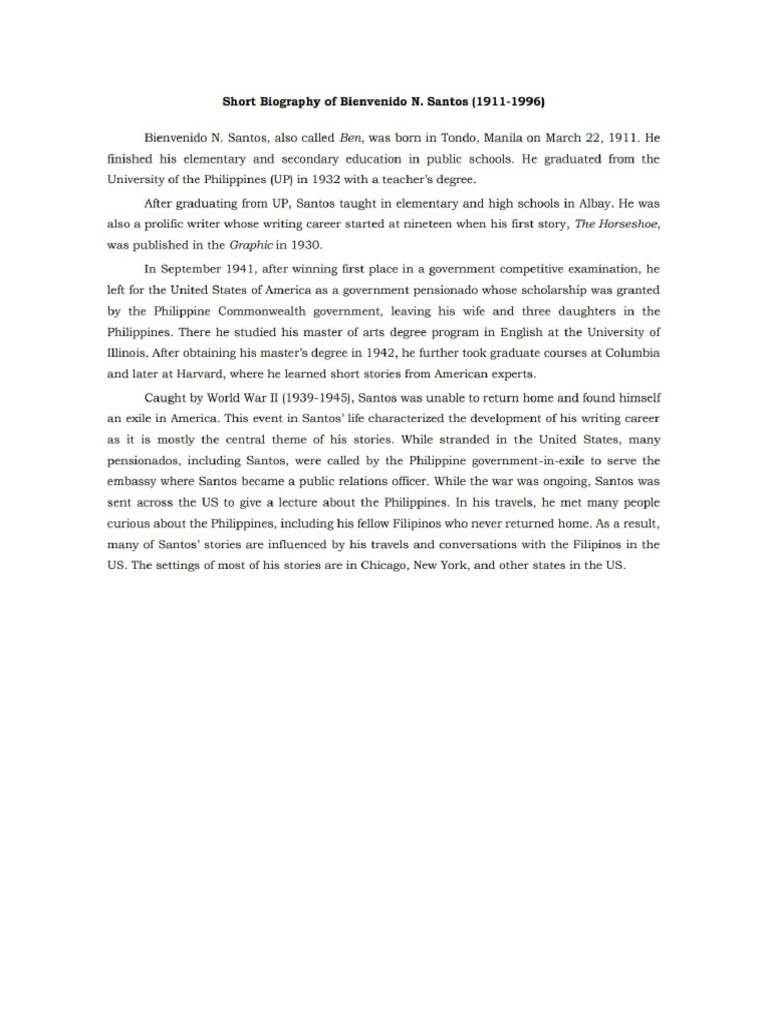 Biography of Bienvenido SANTOS | PDF