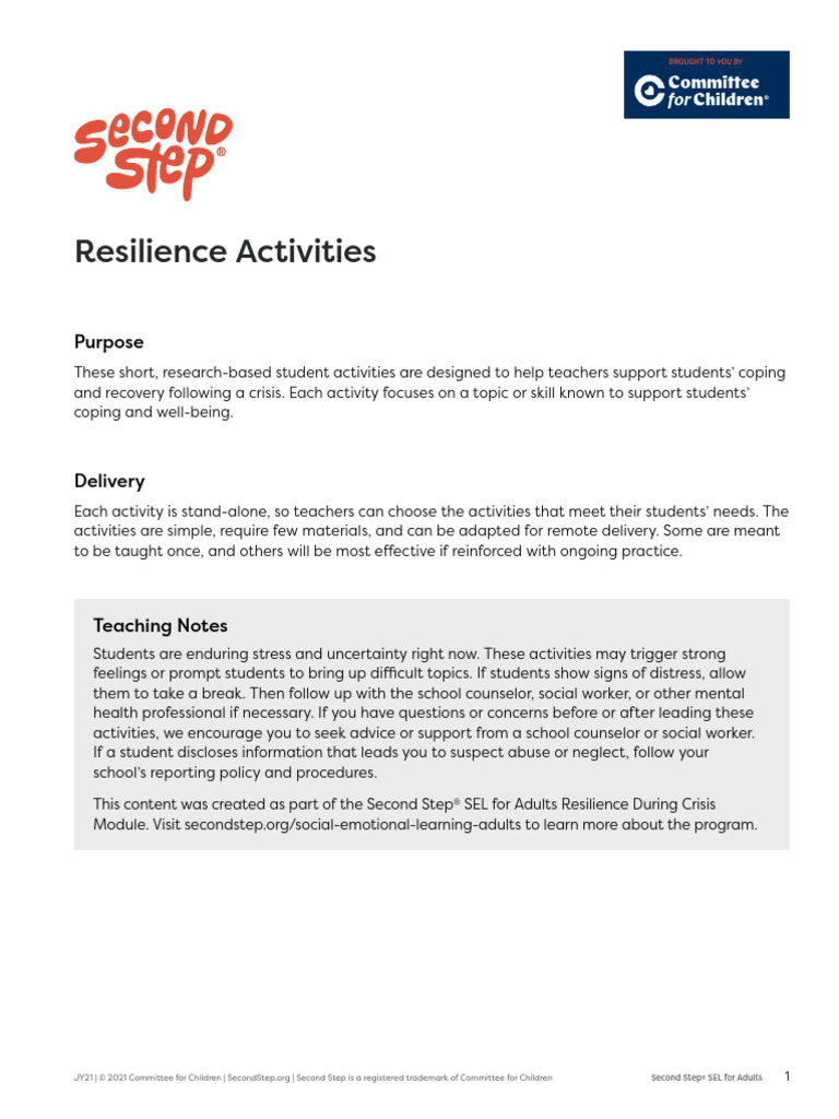 Second Step Student Resilience Activities | PDF | Feeling ...