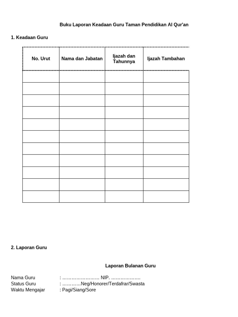 Contoh Buku Laporan Keadaan Guru TPQ Excell | PDF